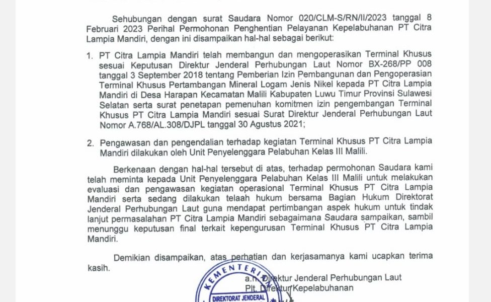 Penghentian Pengapalan di Terminal Khusus PT CLM, Kementerian ... Penghentian Pengapalan di Terminal Khusus PT CLM, Kementerian ...
