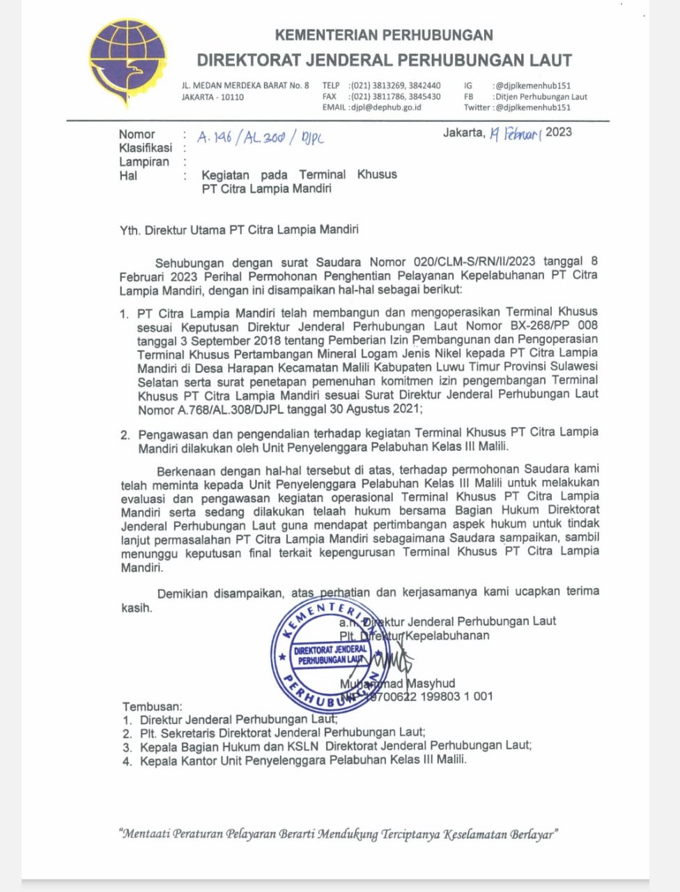 Penghentian Pengapalan di Terminal Khusus PT CLM, Kementerian ...